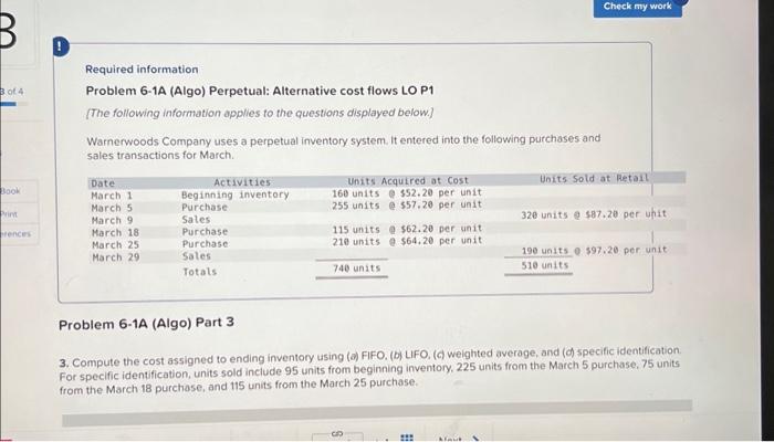 Solved Required information Problem 6-1A (Algo) Perpetual: | Chegg.com