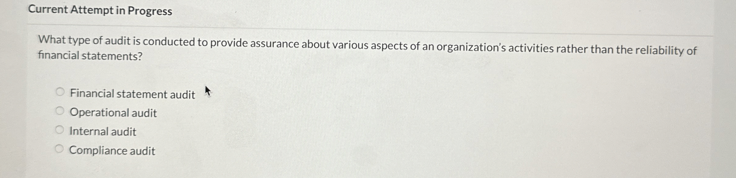 Solved Current Attempt in ProgressWhat type of audit is | Chegg.com