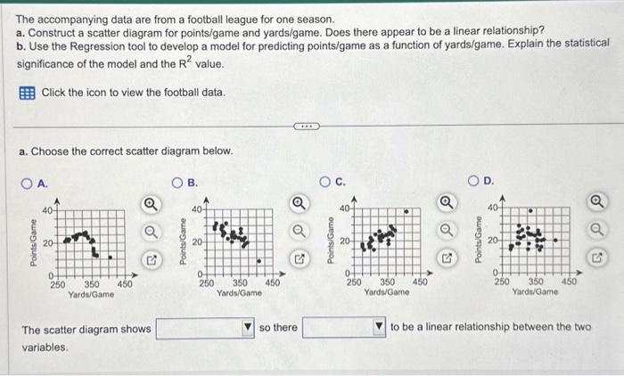 Solved The accompanying data are from a football league for | Chegg.com
