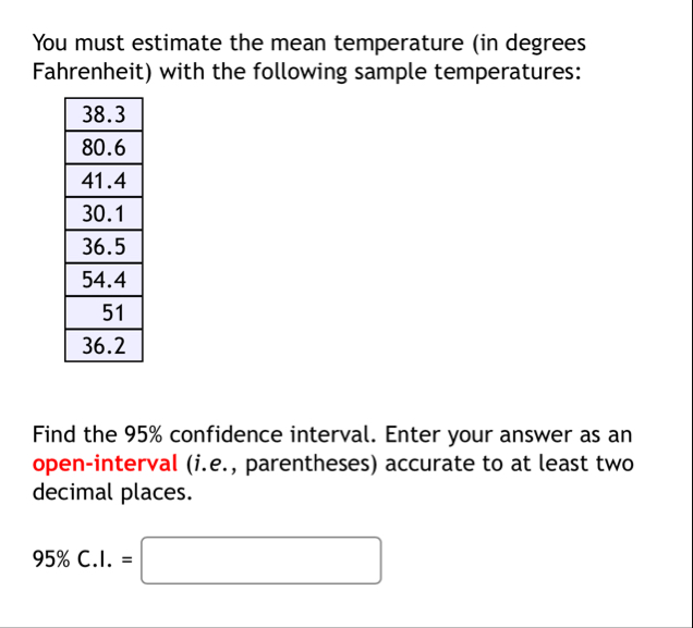 Solved You must estimate the mean temperature (in degrees | Chegg.com