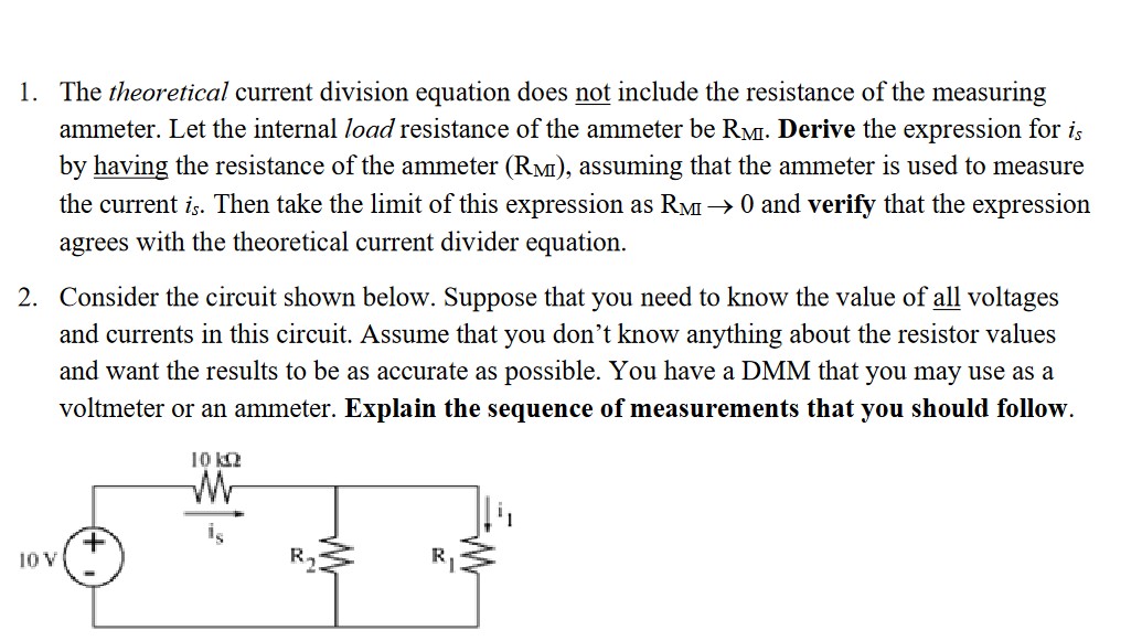 Solved Part 1) ﻿The theoretical current division equation | Chegg.com