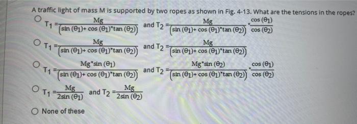Solved A traffic light of mass M is supported by two ropes | Chegg.com