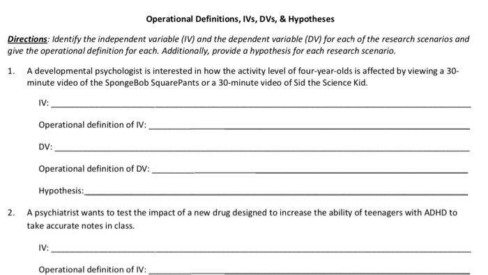 Solved Operational Definitions, IVS, DVS, & Hypotheses | Chegg.com