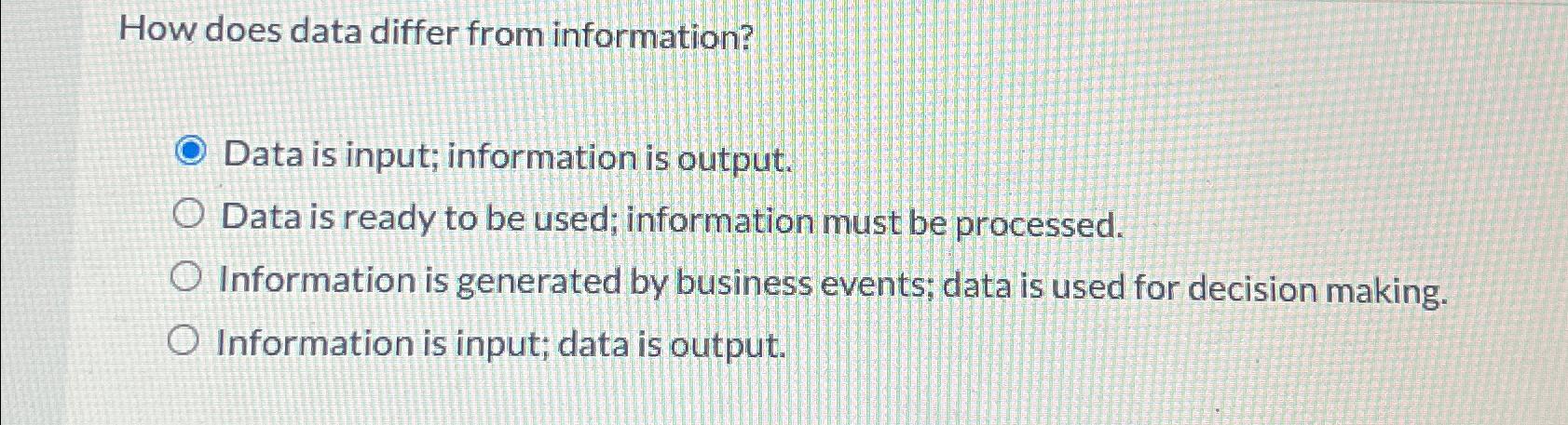 Solved How does data differ from information?Data is input; | Chegg.com