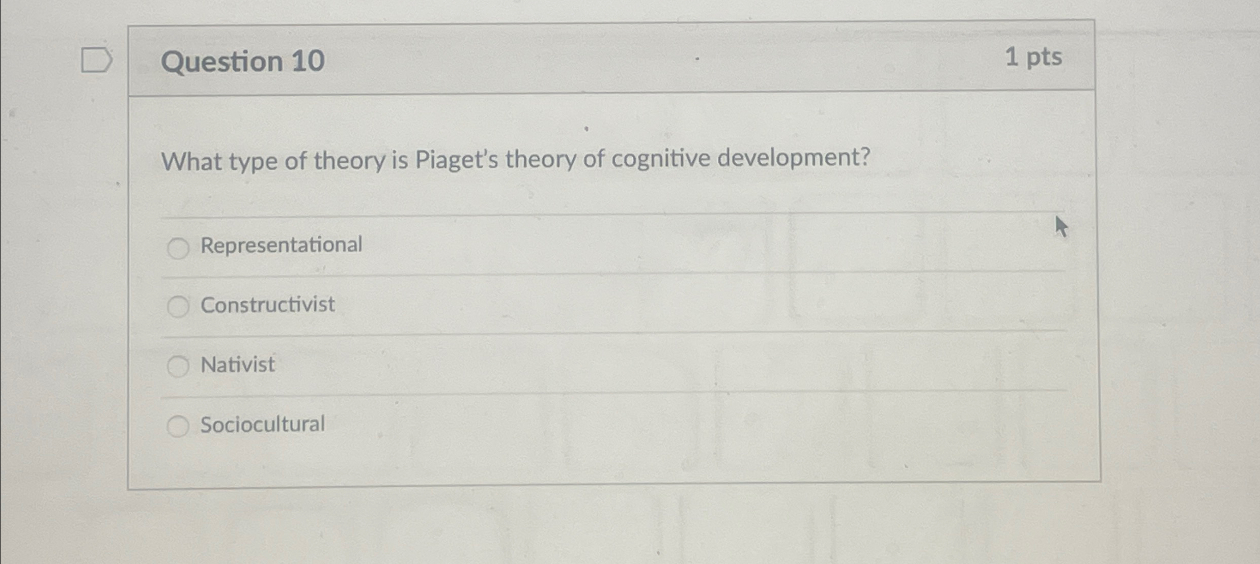 Solved Question 101 ﻿ptsWhat type of theory is Piaget's | Chegg.com