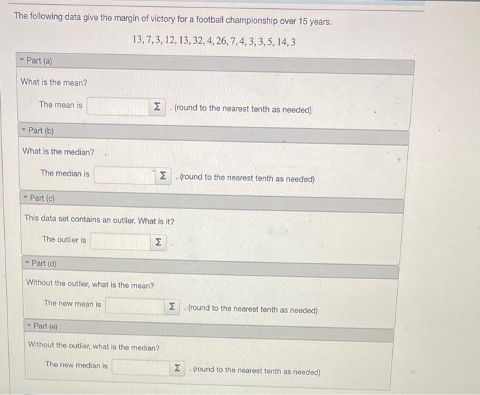Solved The following data give the margin of victory for a | Chegg.com