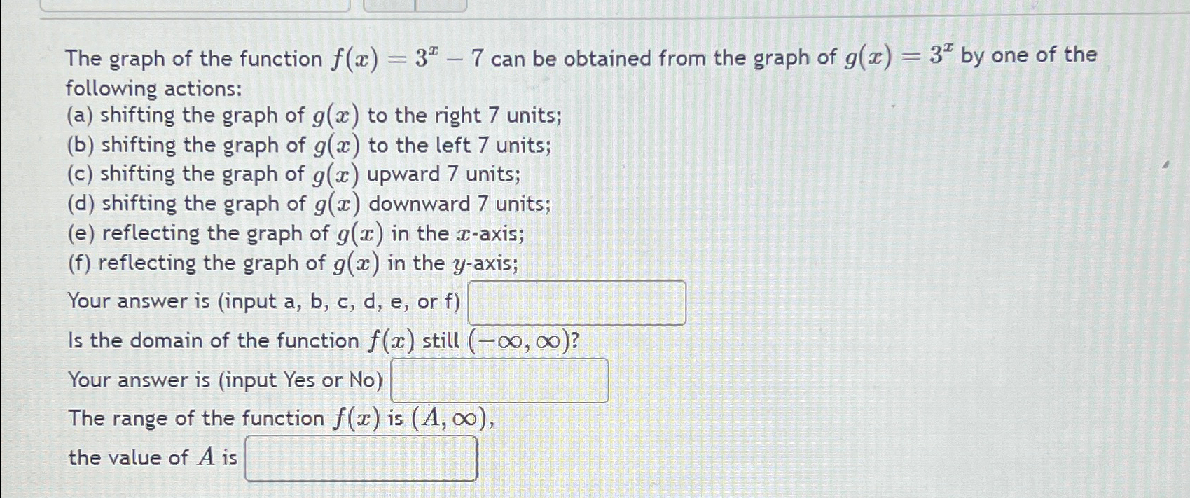 Solved The graph of the function f(x)=3x-7 ﻿can be obtained | Chegg.com