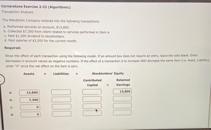 Solved Cornerstone Exercise 2-22 (Algorithmic) Transaction | Chegg.com
