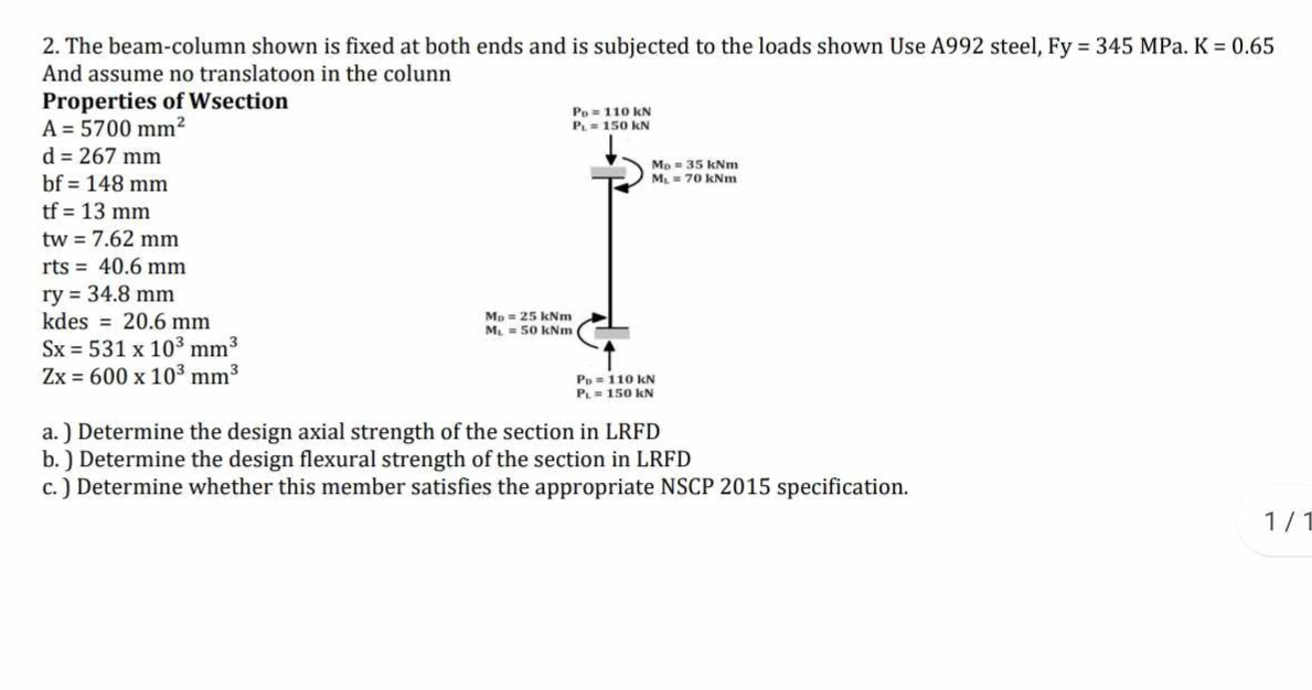 The beam-column shown is fixed at both ends and is | Chegg.com