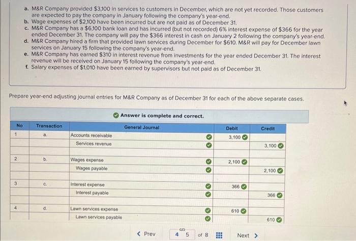 Solved a. M\&R Company provided $3,100 in services to | Chegg.com