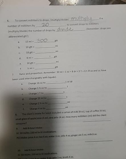 Solved the number of milliliters by ; to convert drops to | Chegg.com
