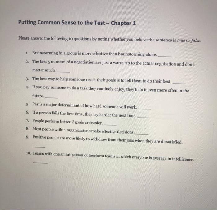 Solved Putting Common Sense to the Test - Chapter 1 Please | Chegg.com