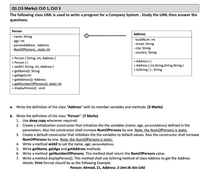 Solved Q1 (15 Marks): CLO 1, CLO 3 The following class UML | Chegg.com