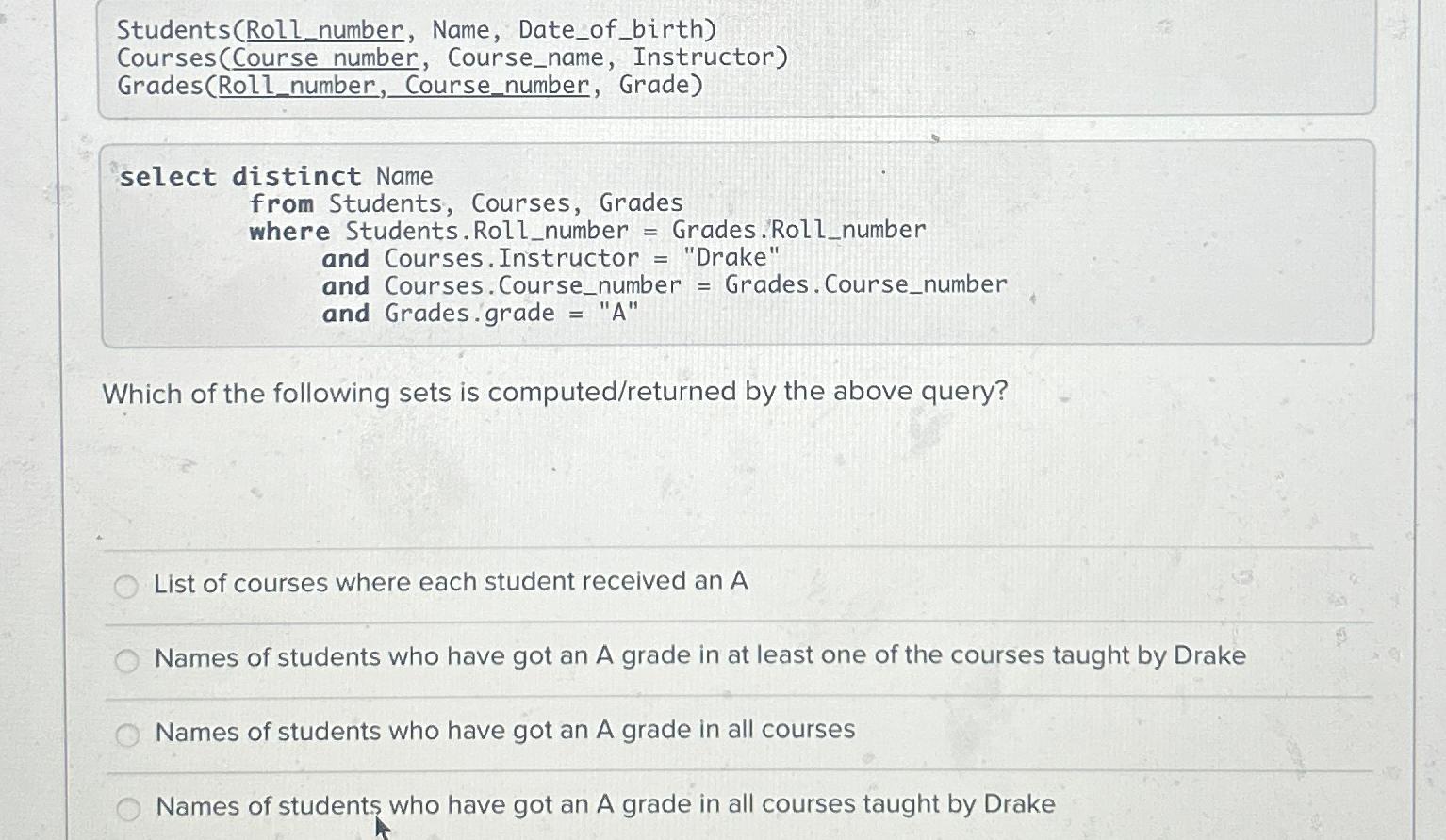Solved Students(Roll_number, Name, Date_of_birth)Courses | Chegg.com