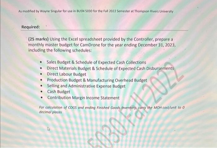 Master Budget Case: CamDrone As part of the continued | Chegg.com
