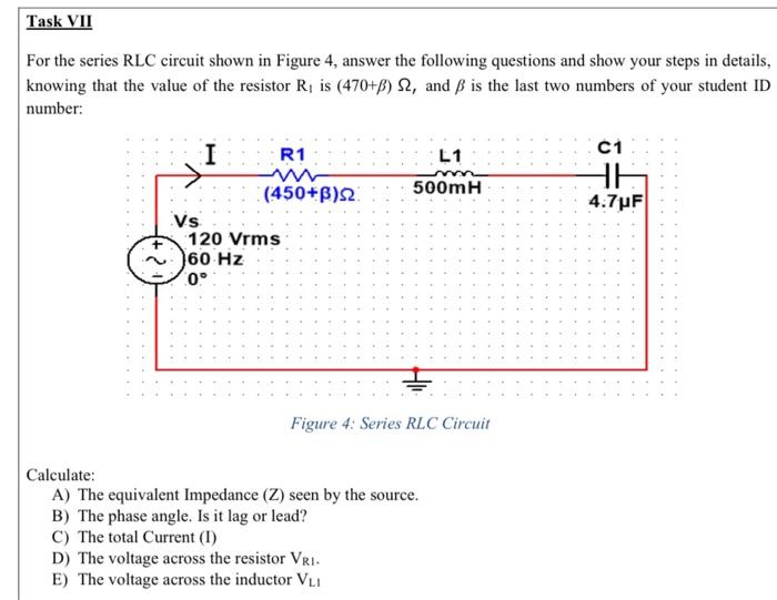 Solved Task VII For the series RLC circuit shown in Figure | Chegg.com