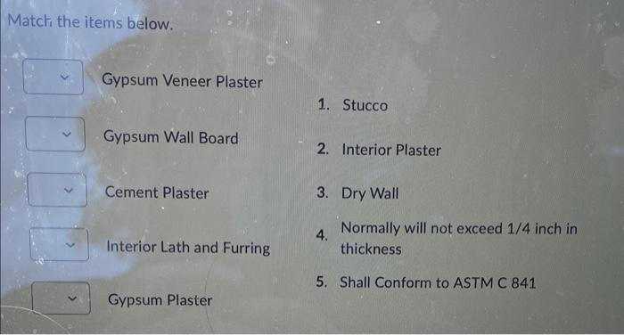 Solved Matcli the items below. Gypsum Veneer Plaster 1. | Chegg.com