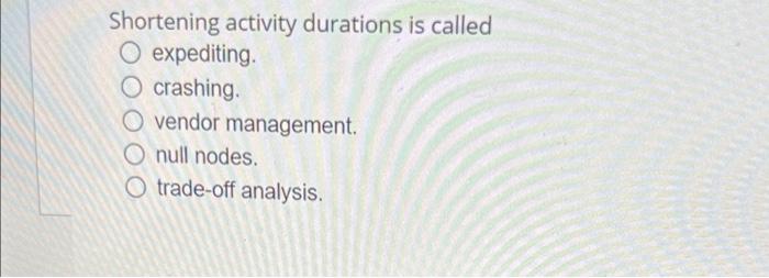 Solved Shortening activity durations is called O expediting | Chegg.com