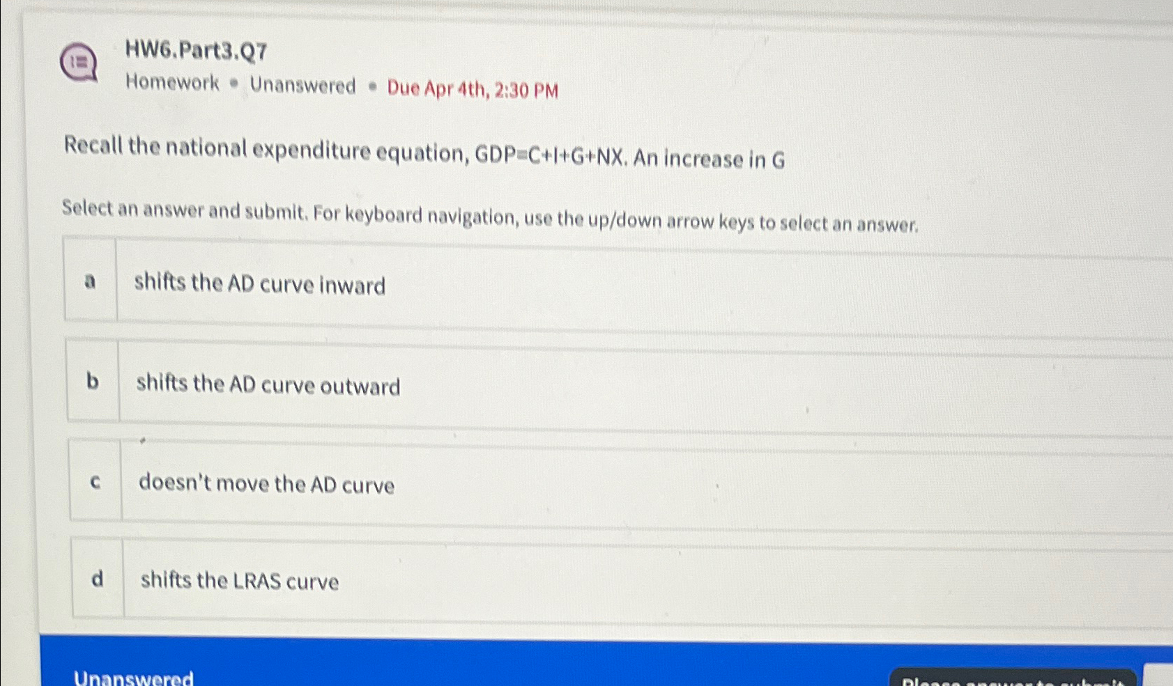 Solved HW6.Part3.Q7Homework - ﻿Unanswered * ﻿Due Apr | Chegg.com