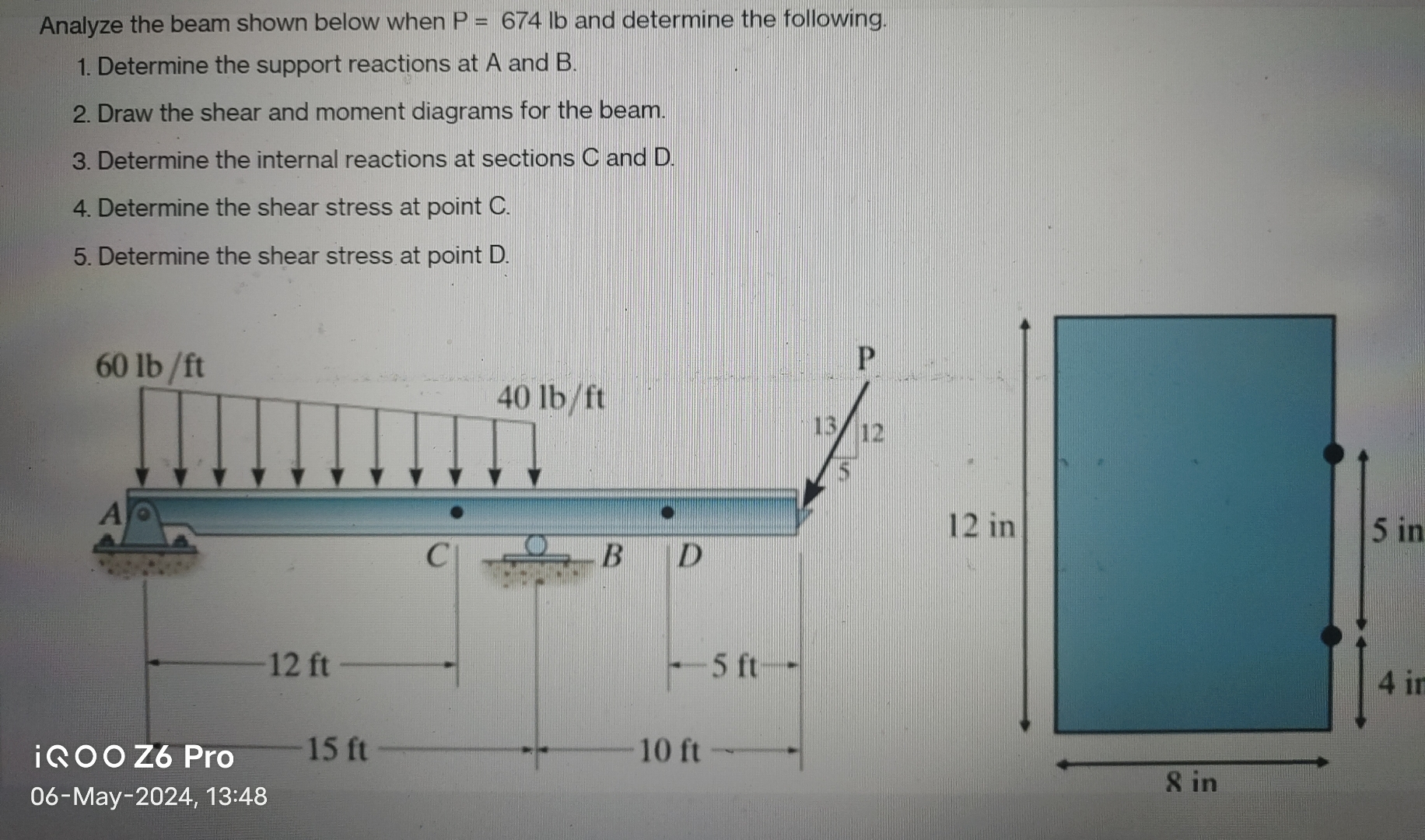Solved Analyze the beam shown below when P=674lb ﻿and | Chegg.com