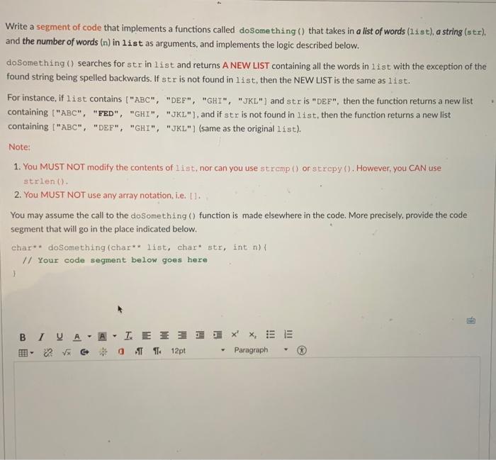 Solved Write a segment of code that implements a functions | Chegg.com
