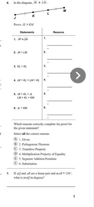 Solved 6. In the diagram, JKLM K Prove: JL = KM Statements | Chegg.com