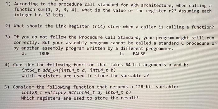 Solved 1) According to the procedure call standard for ARM | Chegg.com