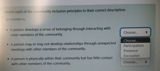 Solved Match each of the community inclusion principles to | Chegg.com