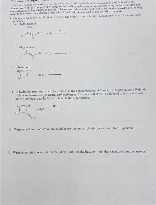 Solved Worksheet 174 Addition reactions occur when a | Chegg.com