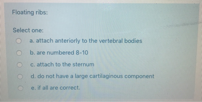 Solved Floating ribs: Select one: a. attach anteriorly to | Chegg.com