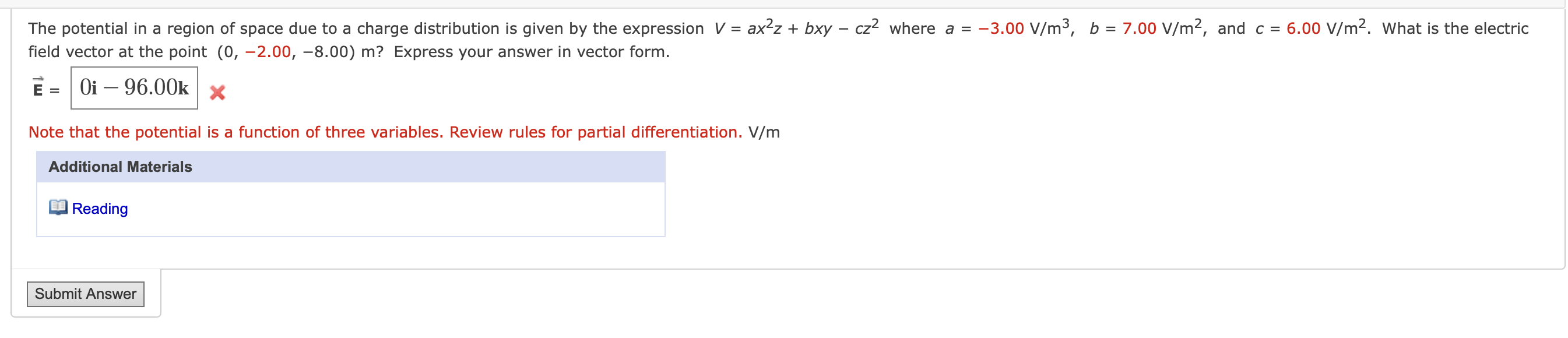 Solved field vector at the point (0,-2.00,-8.00)m ? ﻿Express | Chegg.com