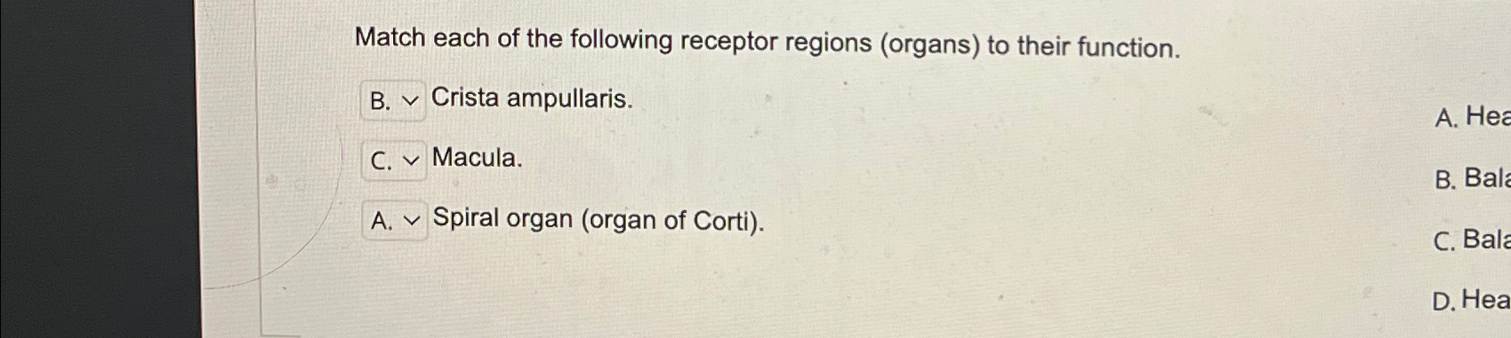Solved Match each of the following receptor regions (organs) | Chegg.com