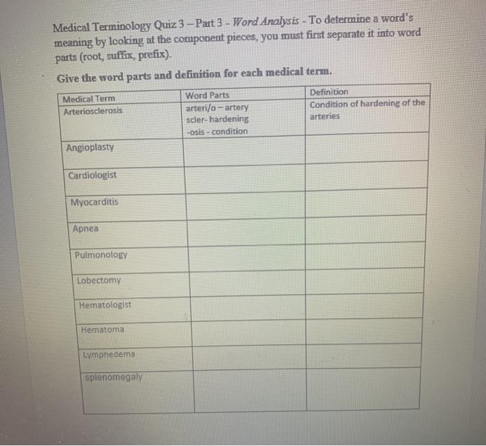 Solved Medical Terminology Quiz 3 - Part 3 - Word Analysis - | Chegg.com