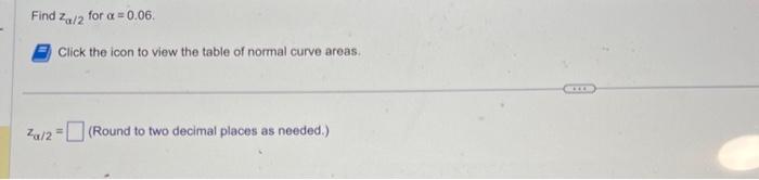 Solved Find zα/2 for α=0.06. Click the icon to view the | Chegg.com