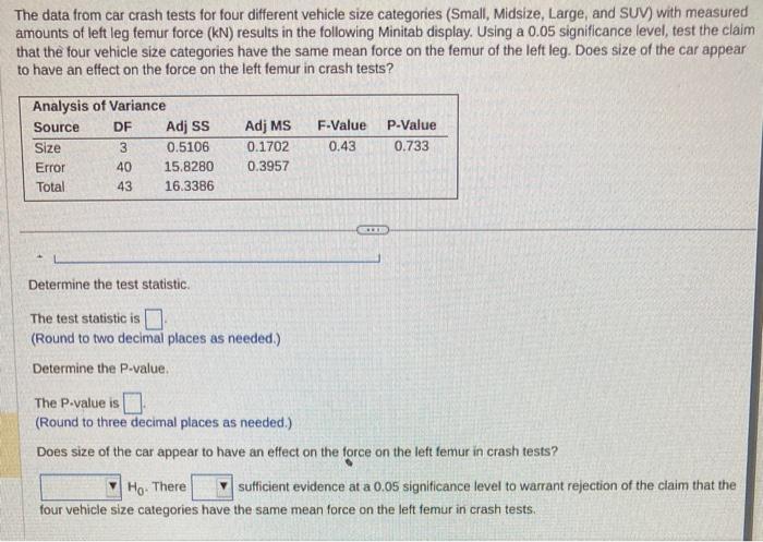 Solved The data from car crash tests for four different | Chegg.com
