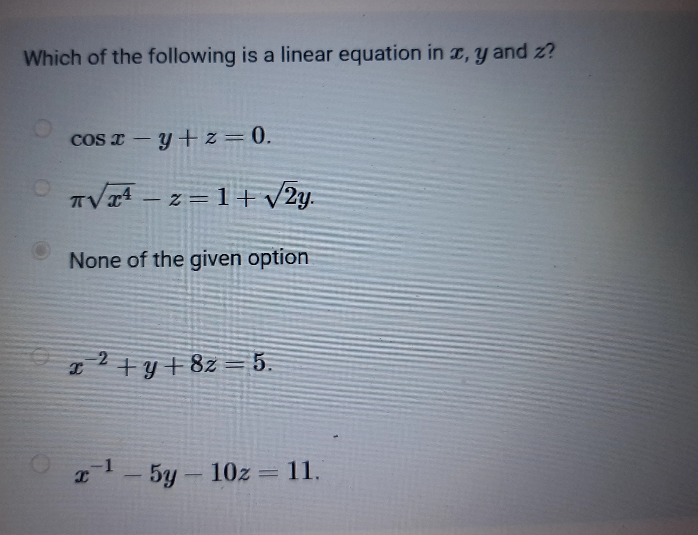 Solved Which of the following is a linear equation in x,y | Chegg.com