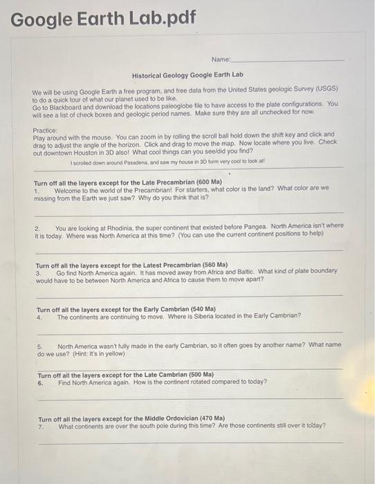 Solved Name. Historical Geology Google Earth Lab We will be | Chegg.com