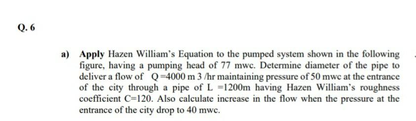 Solved Q. 6 a) Apply Hazen William's Equation to the pumped | Chegg.com
