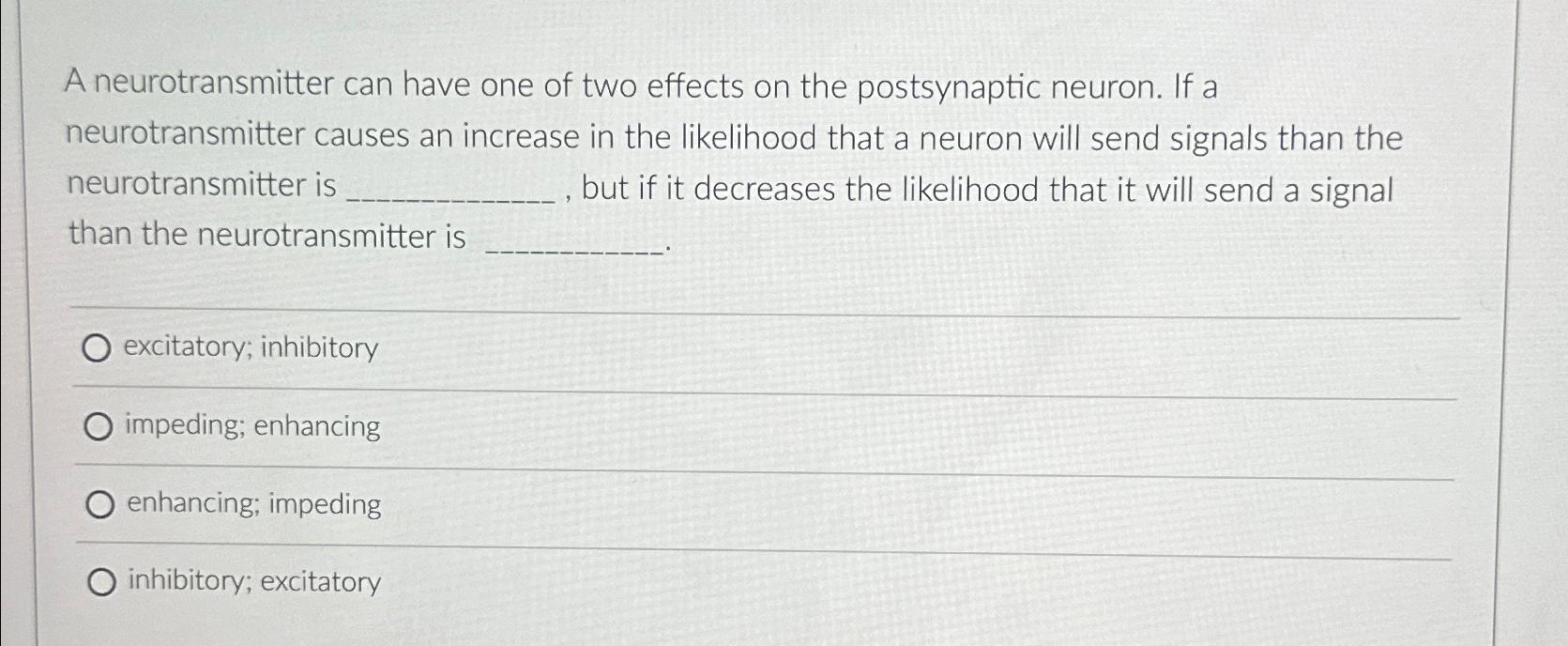 Solved A neurotransmitter can have one of two effects on the | Chegg.com
