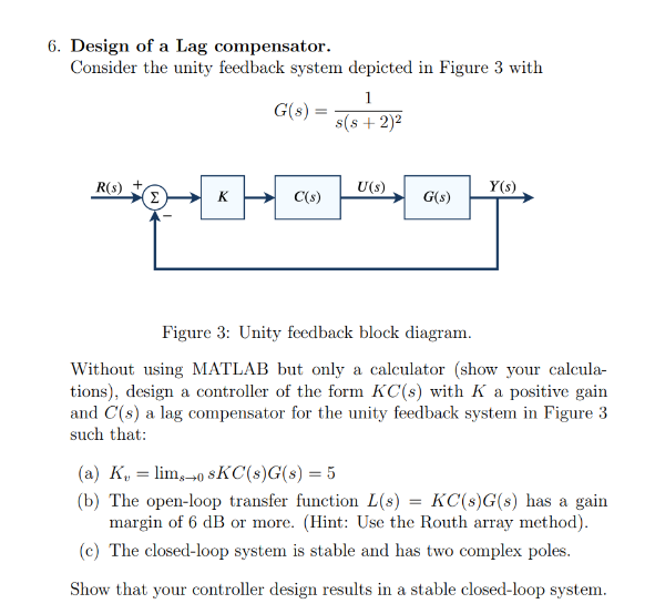 Solved Design of a Lag compensator.Consider the unity | Chegg.com