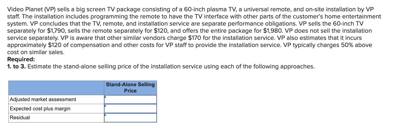 Solved Video Planet (VP) ﻿sells a big screen TV package | Chegg.com