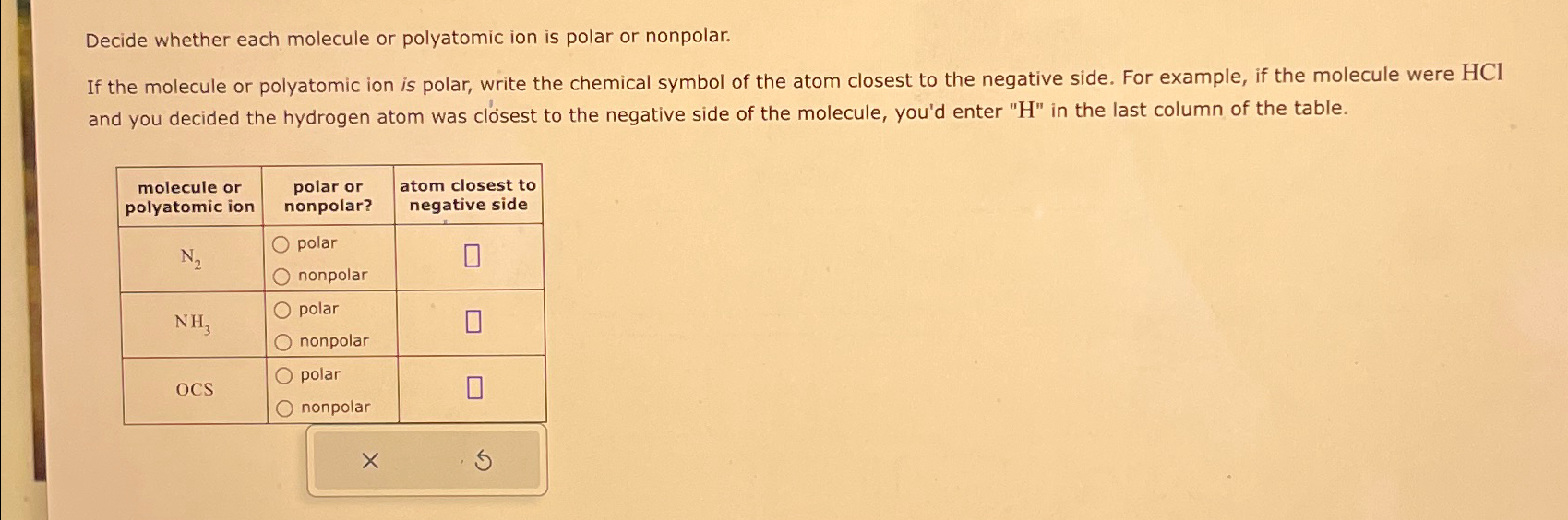 Solved Decide whether each molecule or polyatomic ion is | Chegg.com