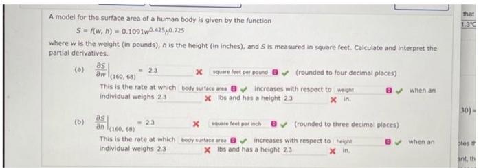 Solved A model for the surface area of a human body is given | Chegg.com