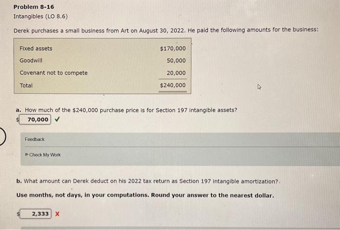 Solved Problem 8-16 Intangibles (LO 8.6) Derek purchases a | Chegg.com