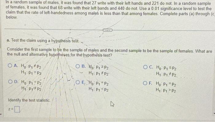Solved In a random sample of males, it was found that 27 | Chegg.com