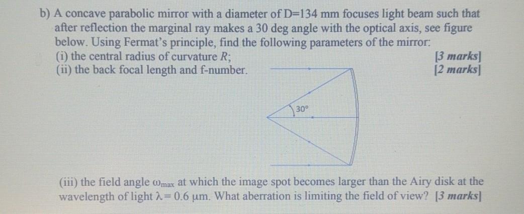 Solved b) A concave parabolic mirror with a diameter of | Chegg.com