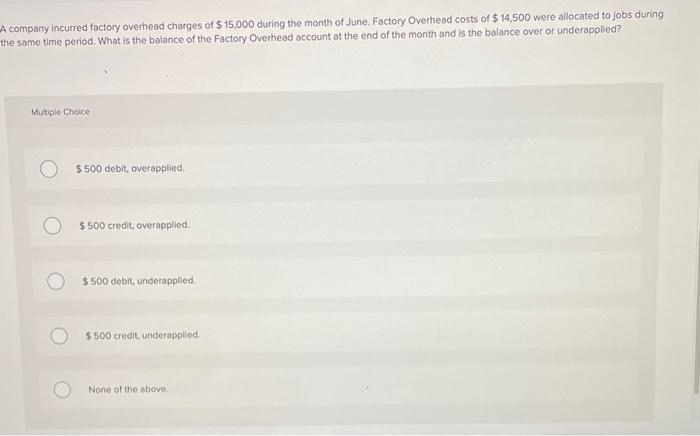 Solved company incurred factory overhead charges of $15,000 | Chegg.com