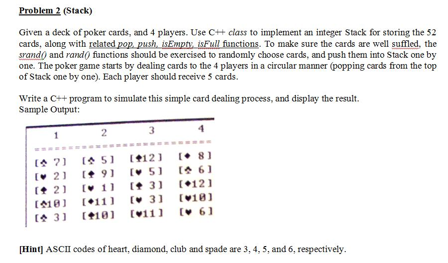 Solved Given a deck of poker cards, and 4 players. Use C++ | Chegg.com