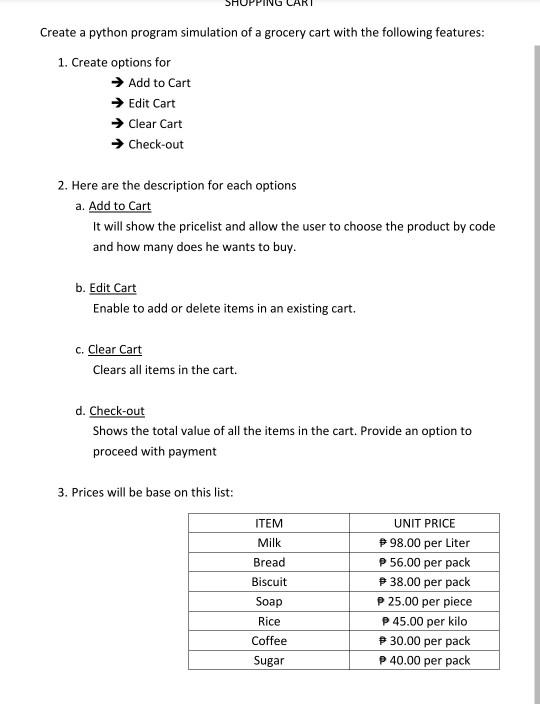 Solved Create a python program simulation of a grocery cart | Chegg.com