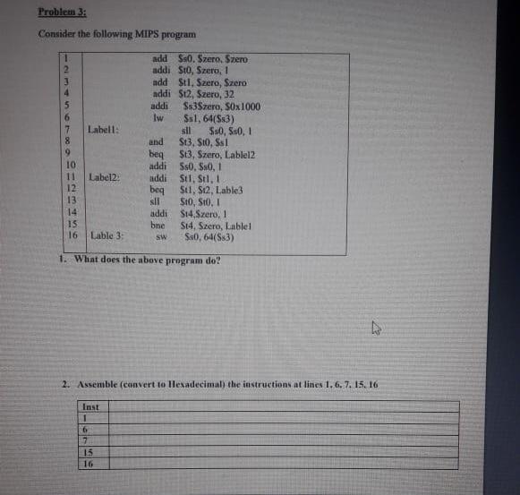 Solved Problem 3: Consider the following MIPS program 3 6 | Chegg.com